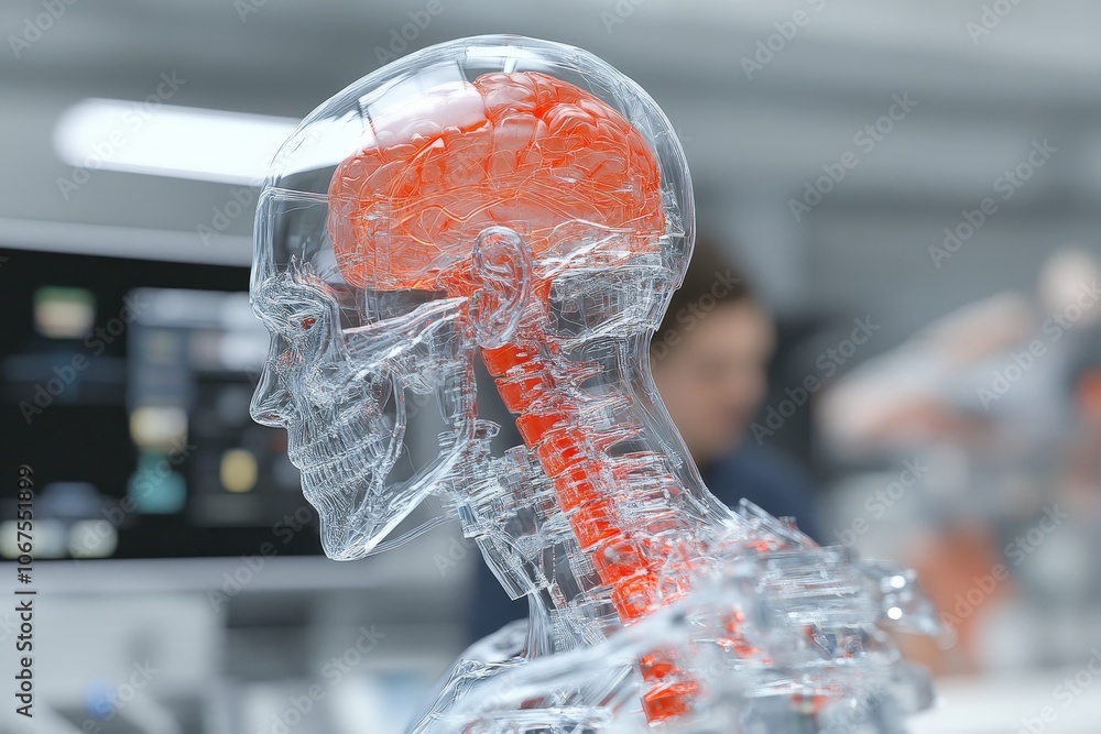 Detailed 3D render of a transparent human skull highlighting the brain ...
