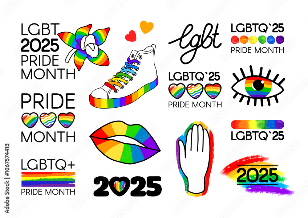 LGBT Pride Month 2025 Pack. Brush stroke LGBT flag, logos, symbols ...