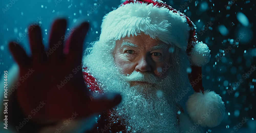 Santa Claus reaches out his hand towards the camera, surrounded by a ...