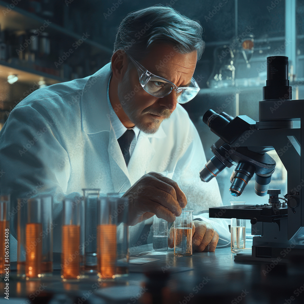 a scientist in a laboratory, surrounded by test tubes and microscopes ...