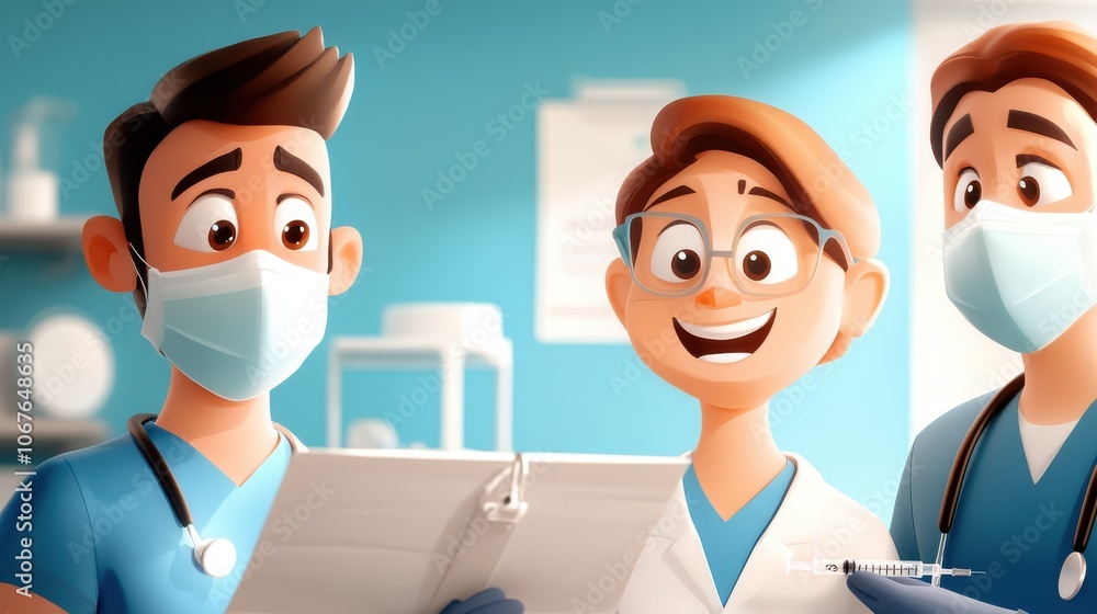 Three animated healthcare professionals in masks and scrubs analyze ...
