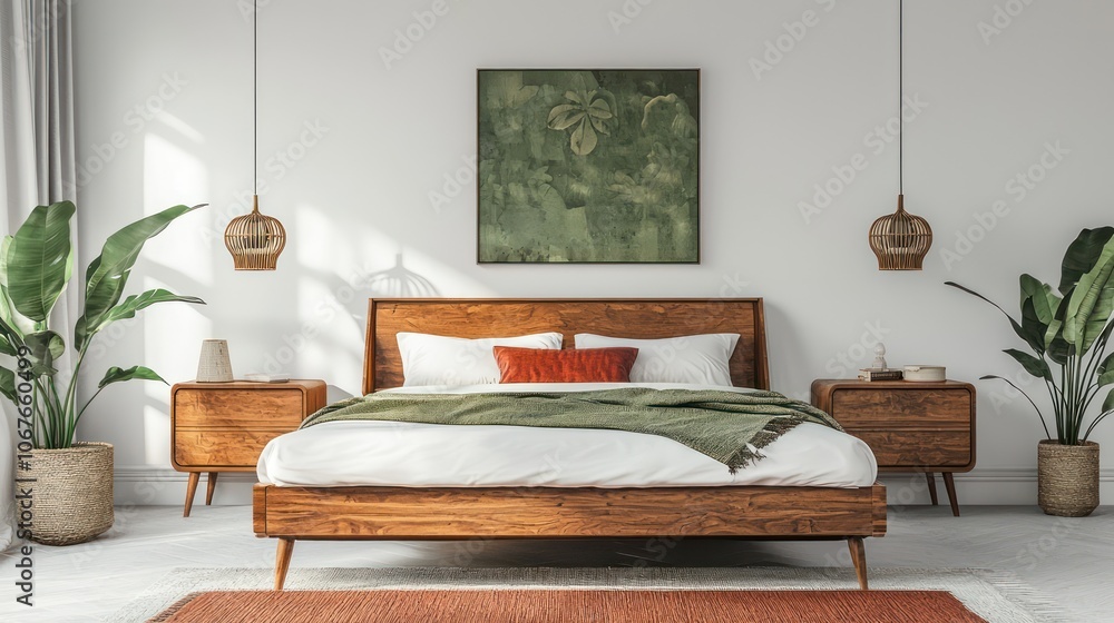 Mid-century modern bedroom 3D render with retro bed design, isolated ...