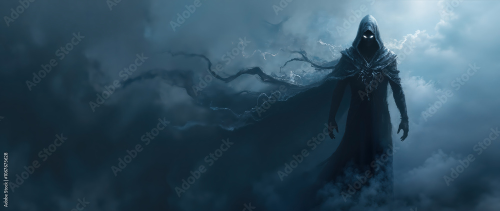 Ilustración de Stock Sinister cloaked shadow person appears from the ...