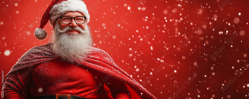 Happy Santa Claus in his Super Hero costume standing on the red ...
