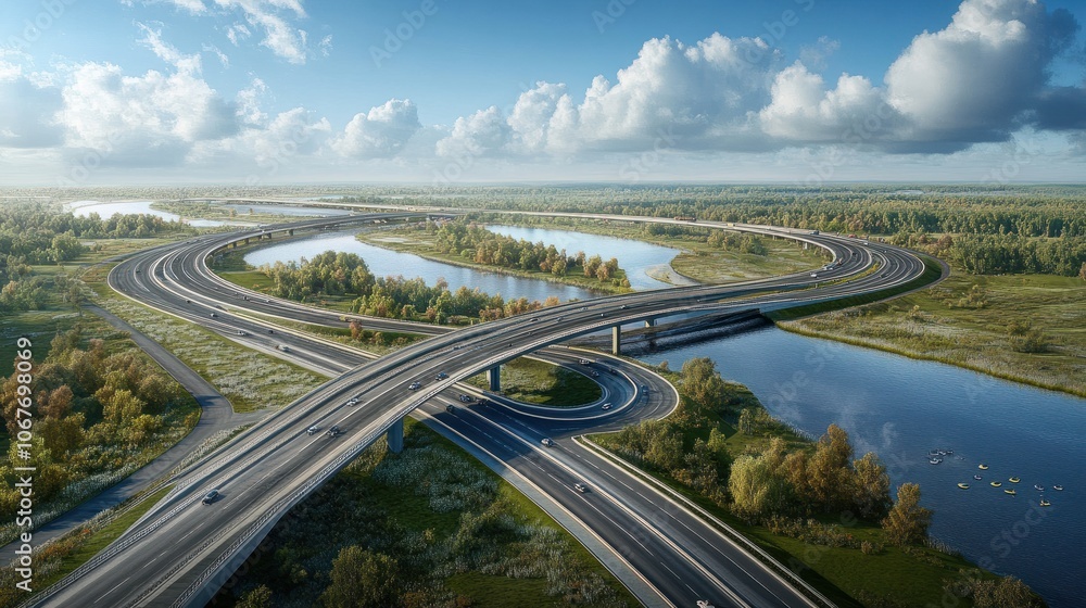 A stunning aerial view of a multi-lane highway with elegant curves and ...