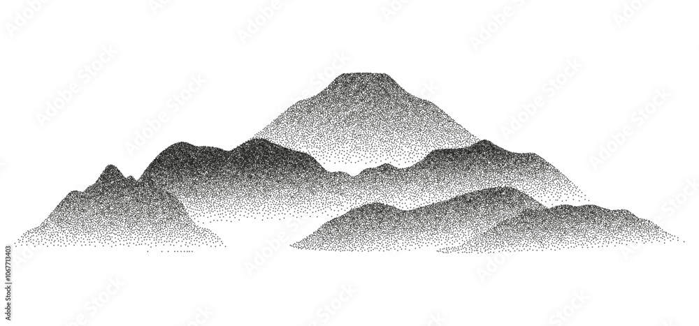 Grain stippled mountains landscape. Vector illustration in black dotted ...