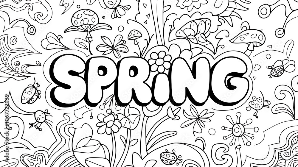 Spring Doodle Coloring Page:, whimsical Springtime Design Stock ...