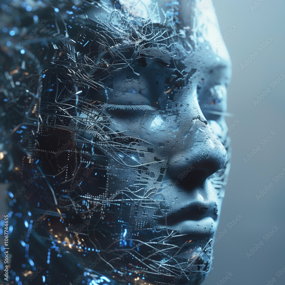 Woman connected to a digital neural network. Human communication with ...