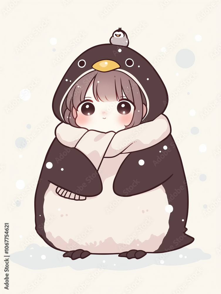 anime illustration of a young girl inside a penguin costume, kawaii ...