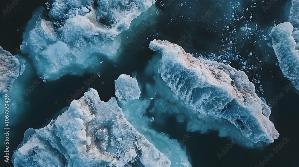 Aerial View of Melting Glaciers and Floating Icebergs, Highlighting the ...