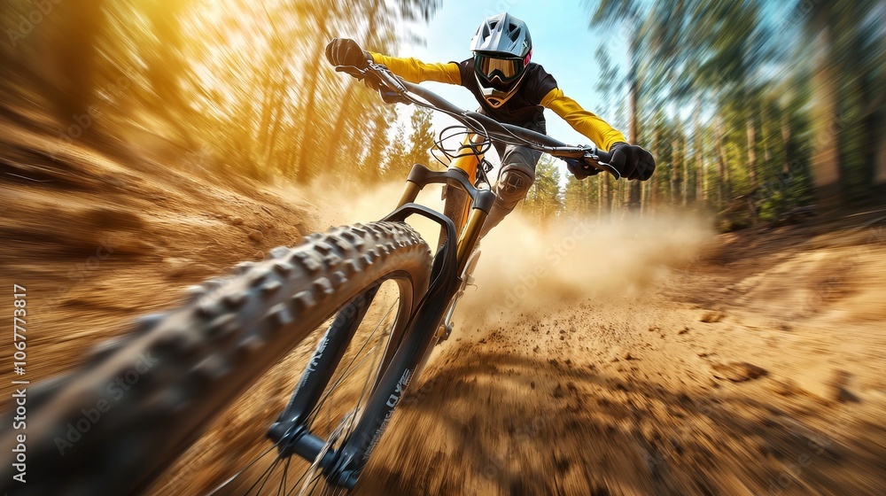 Downhill mountain biker, fast-paced forest path, dramatic dust and ...