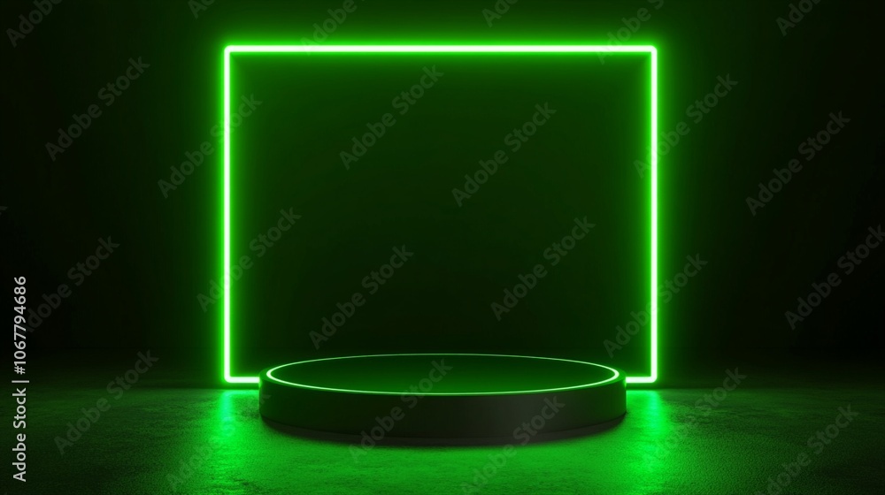 Futuristic green neon light frame and circular podium on dark ...