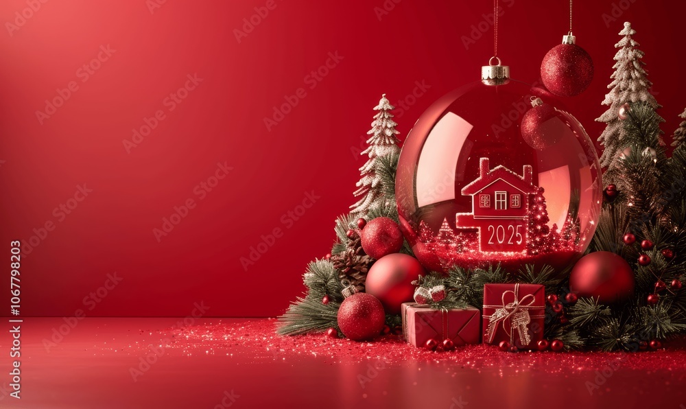 Foto 2024 New Year with Golden Number, Red Background, Snow Globe ...