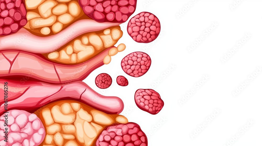 Abstract illustration of various fat cells and tissues, showing the ...