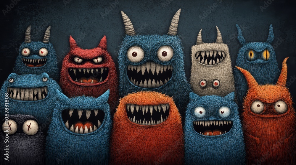 Dynamic group of five colorful fantasy creatures with open mouths in a ...
