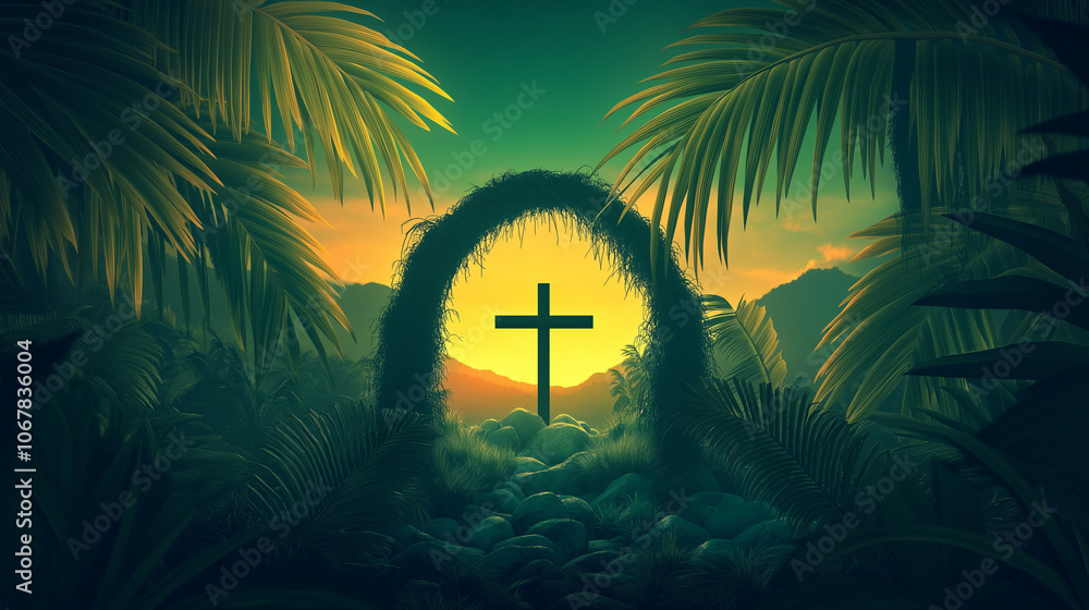 Background, empty tomb frame, circle palm leave, cross at center. Heart ...