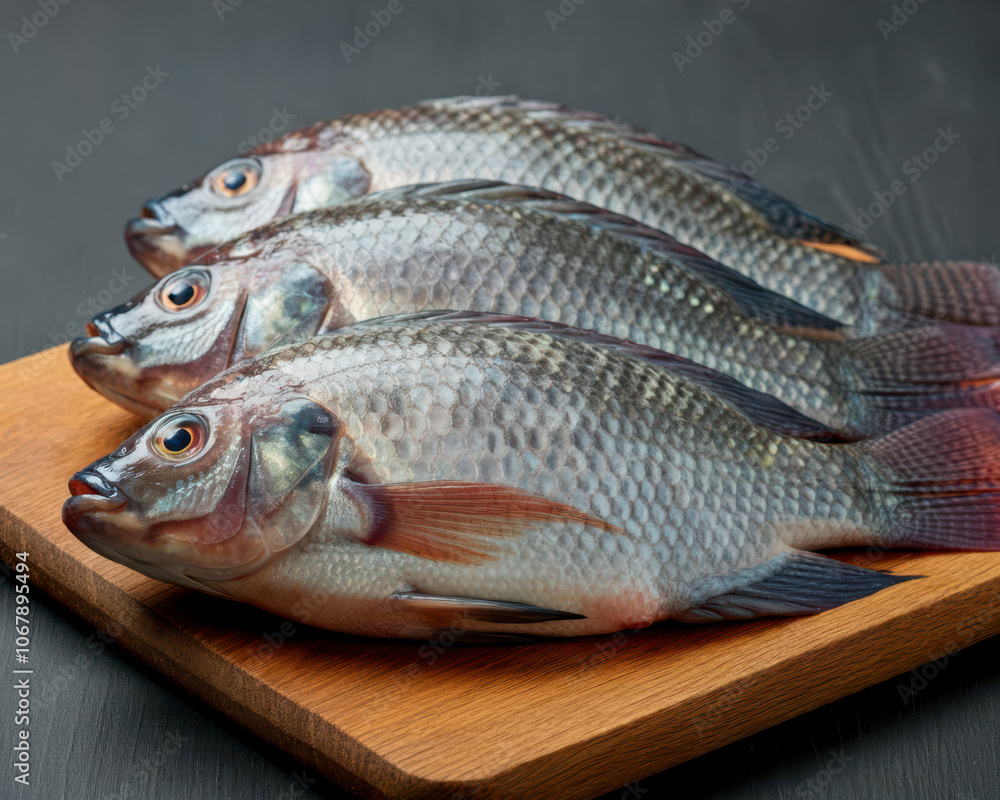 Tilapia or ikan nila, fresh Tilapia fish on board. Oreochromis ...