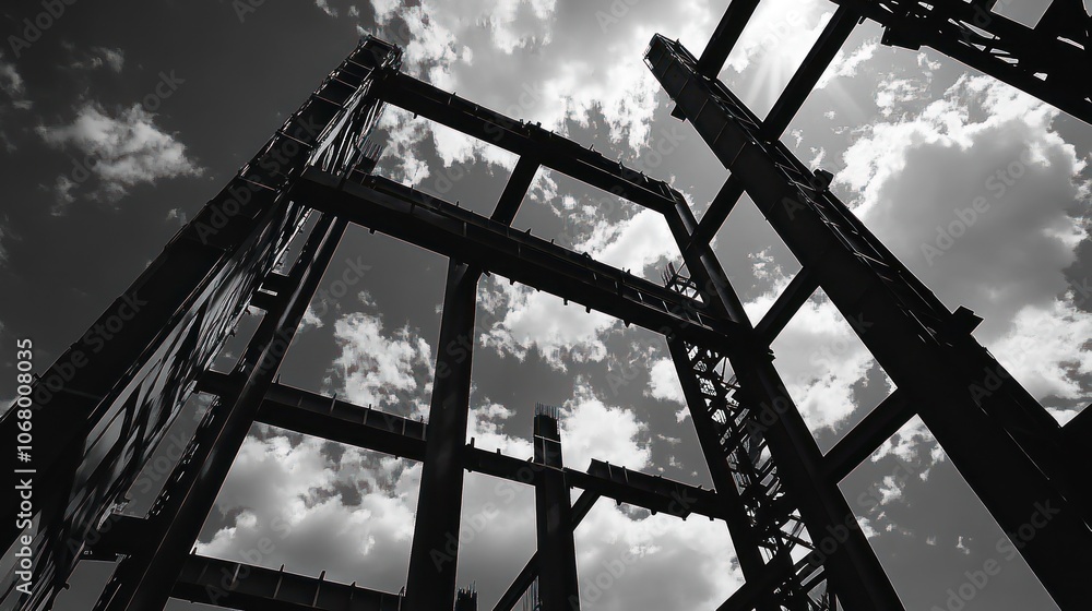 Steel framework of a high-rise building under construction, tall ...