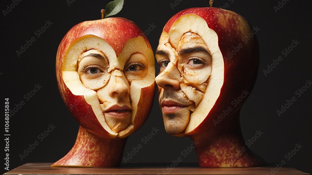 Two human faces seamlessly integrated into red apple halves. One woman ...