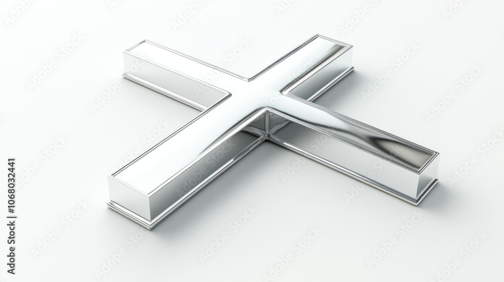 Shiny chrome cross, rendered in 3D, isolated on a bright white ...
