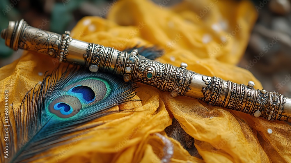 A sacred peacock feather and flute displayed together as symbols of ...