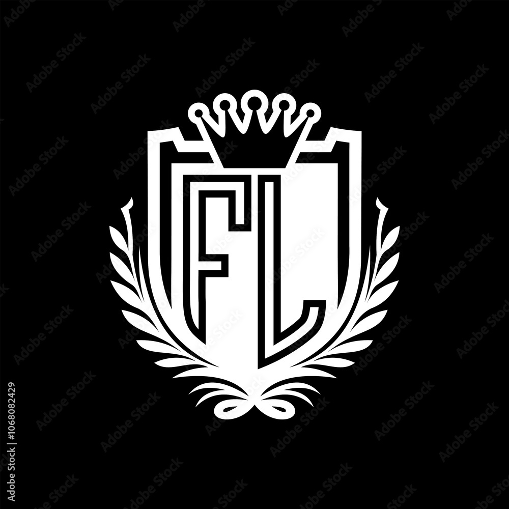 FL Letter logo heraldic shield shape with crown on black background ...
