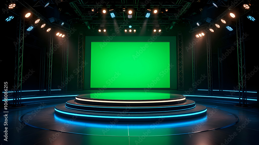A dark stage with a circular platform illuminated by blue neon lights ...