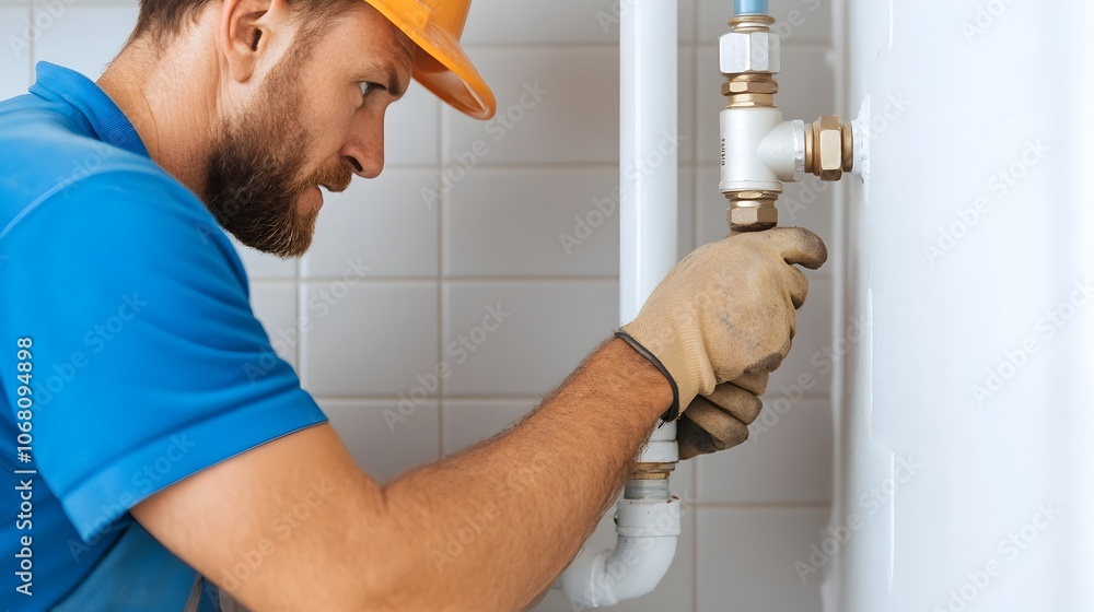 Construction Worker Installing Pipes for Plumbing System Using Wrench ...