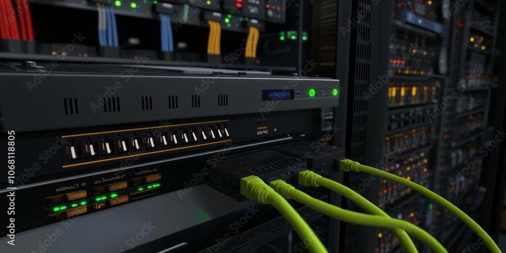 A 3D image shows a server in a data center connected to a modem and Wi ...