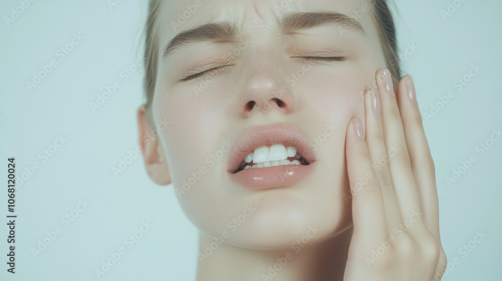 female model demonstrating jaw discomfort, gentle hand placement on ...