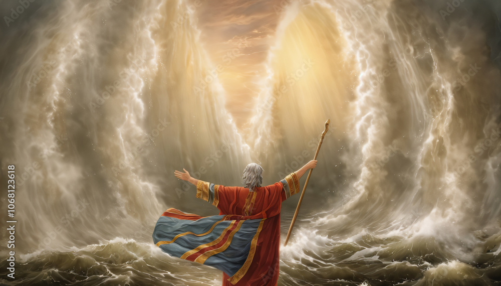 Moses parting the Red Sea for the Israelites. Concept Religious ...