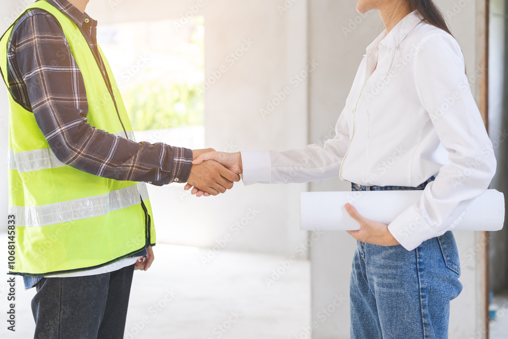 Engineer team building, teamwork contractor, two asian young ...