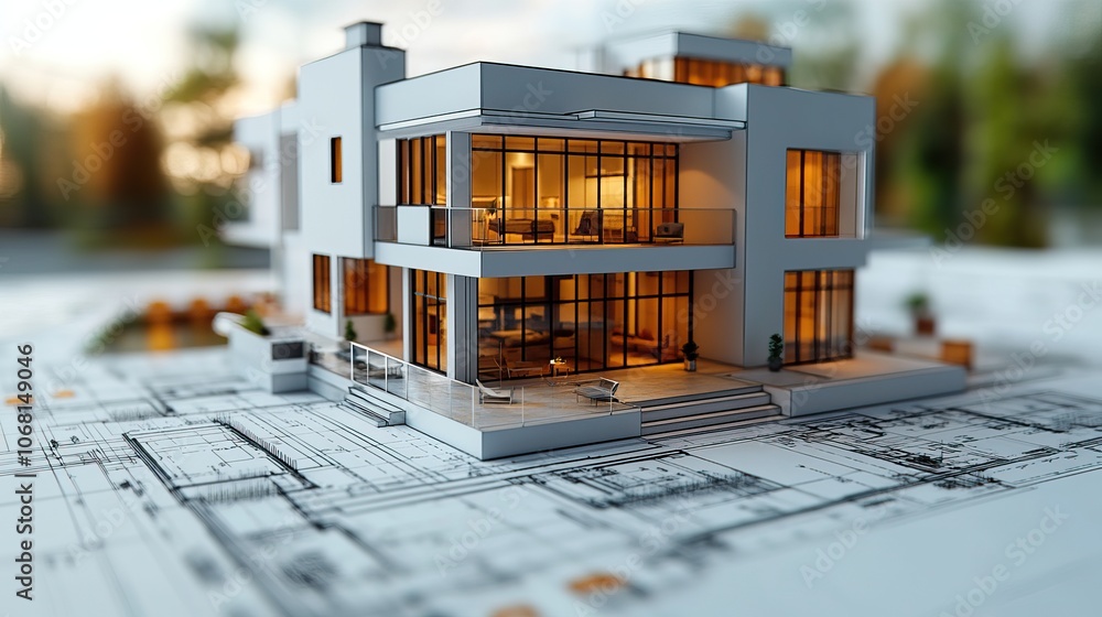 A detailed architectural project plan shows a modern house design ...