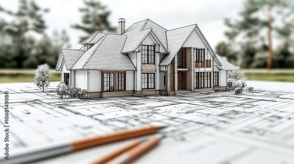 A detailed architectural project plan shows a modern house design ...