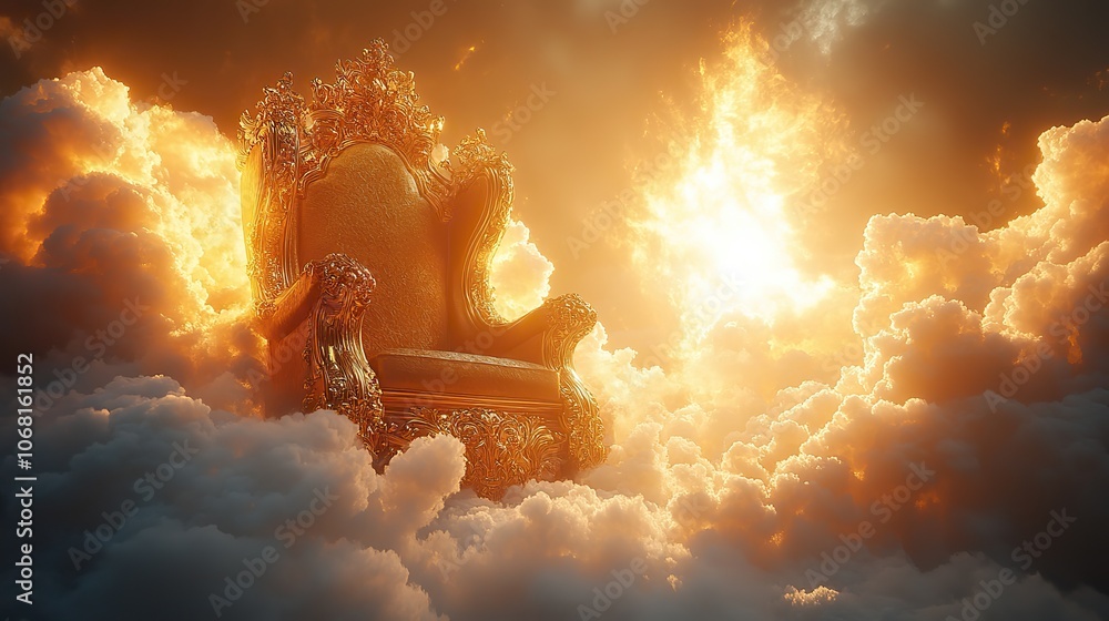 A golden throne surrounded by white clouds and divine light ...