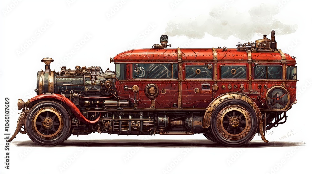 Steampunk design of a vehicle that looks like a hybrid between a steam ...