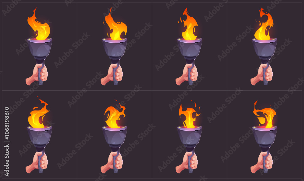 Torch fire sprite for game. Flame frame sequence cartoon vector set ...