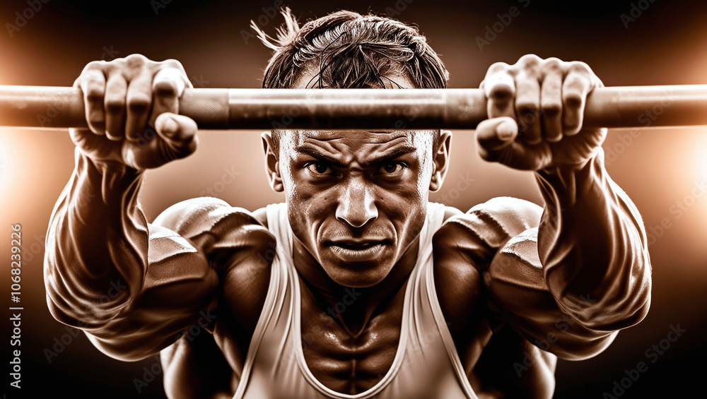 a man with a muscular build who lifts a barbell. His face is tense, he ...