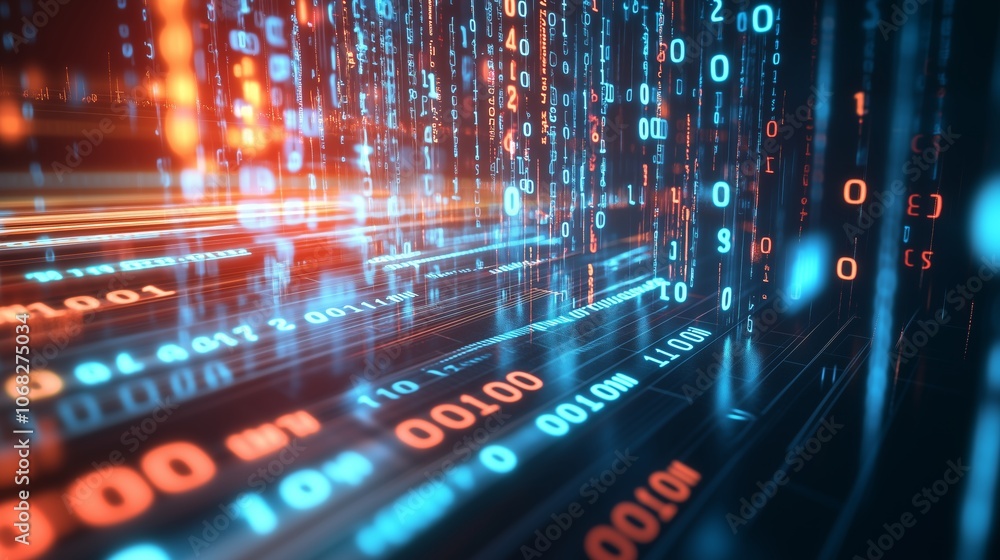 Abstract digital binary code 1 and 0 digital info tech science data background showing data ...