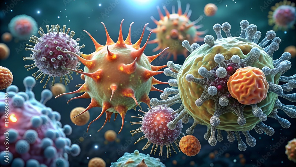 Detailed 3D illustration of various virus particles in a microscopic ...