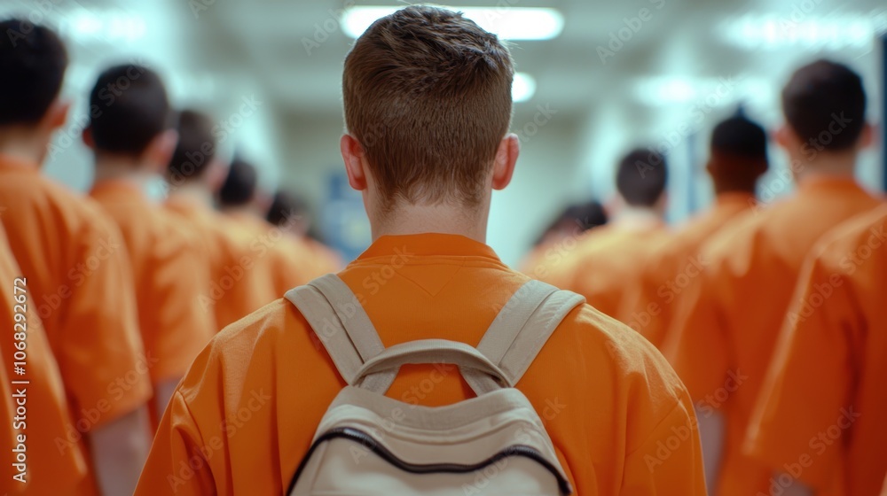 Juvenile Detainees Walking in Hallway with Backpacks Back view of a ...
