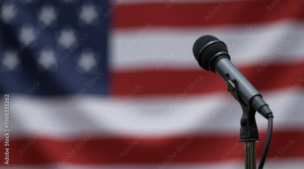 Microphone in front of blurred American flag background. Public ...