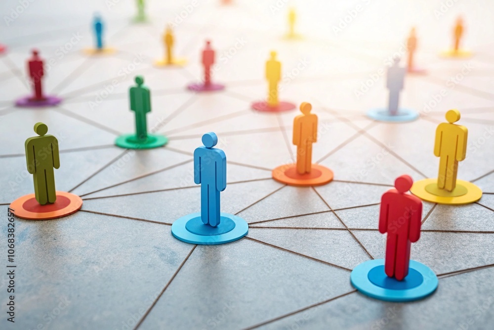 Colorful human-shaped figures connected by lines on a neutral surface ...