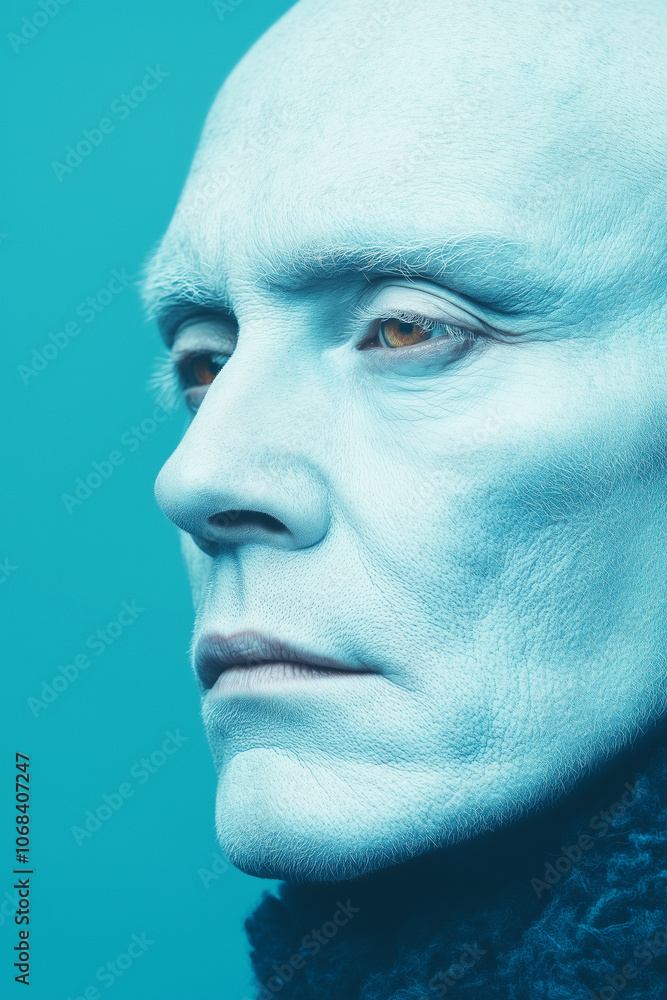 Striking close-up portrait of a man with blue skin texture and intense ...