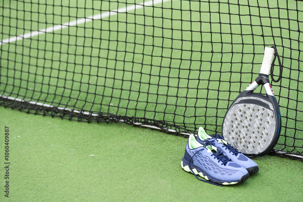 professional paddle tennis racket with natural lighting on blue ...