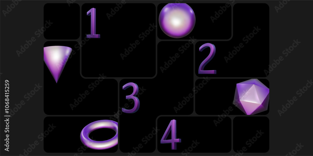 Dashboard grid template. 3d metal sphere ball render, hologram cube ...