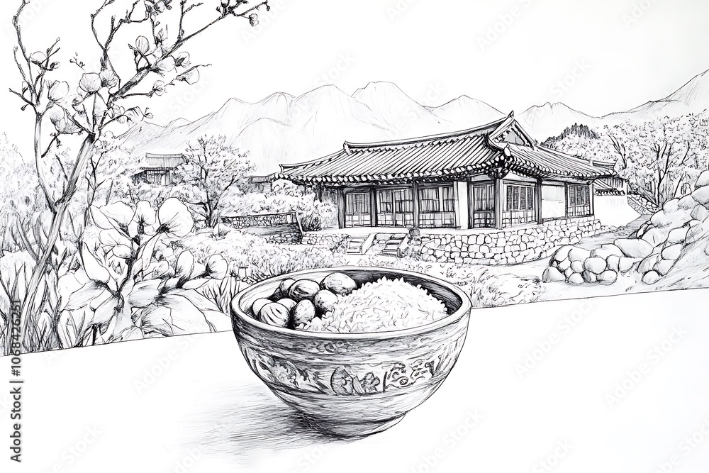 Traditional wood small Japan shrine view. Isolated black and white ...