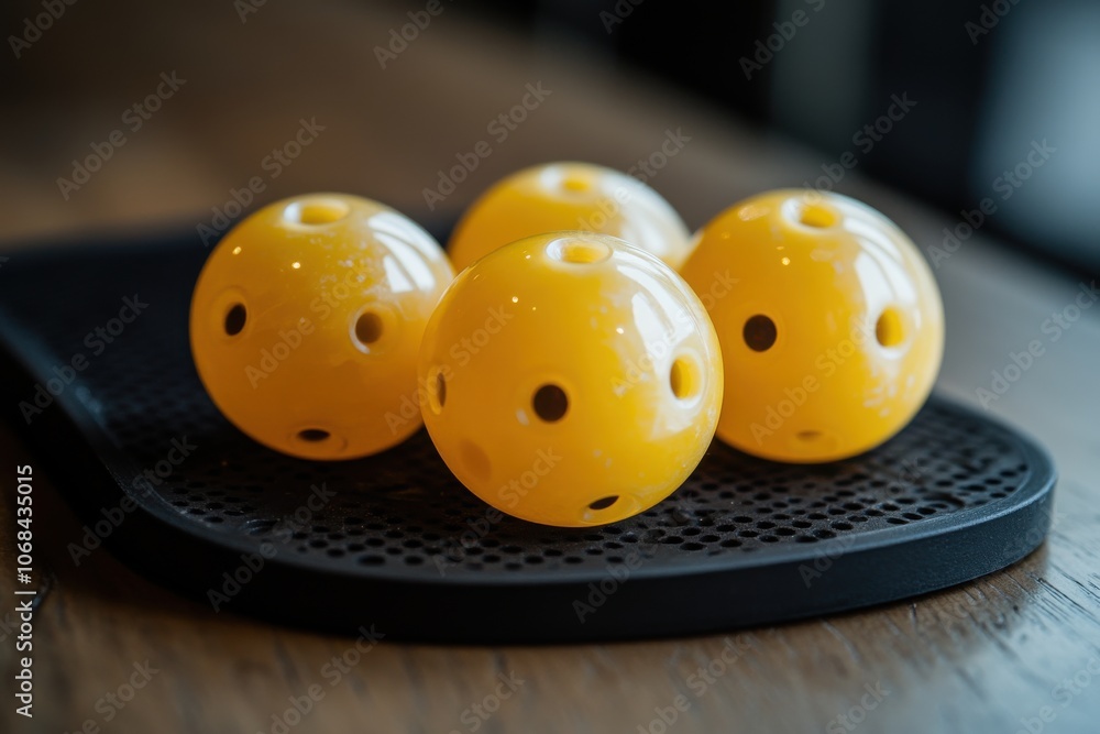 Four yellow pickleballs are sitting on a black racket The balls are all ...