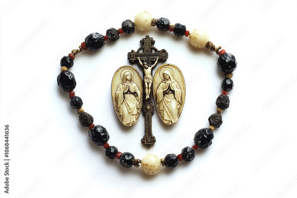 A unique rosary featuring golden angel figures and a central cross ...