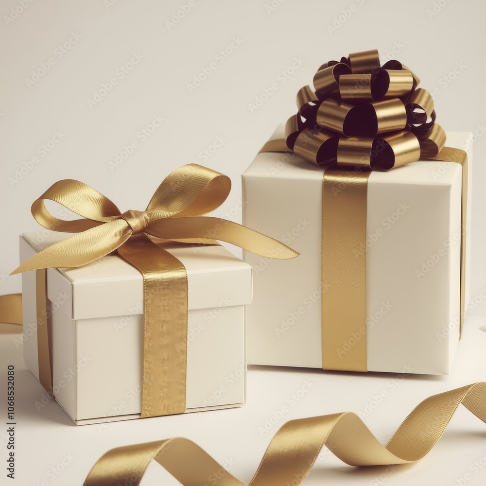 Vintage gift boxes with gold ribbons and bows on white background ...